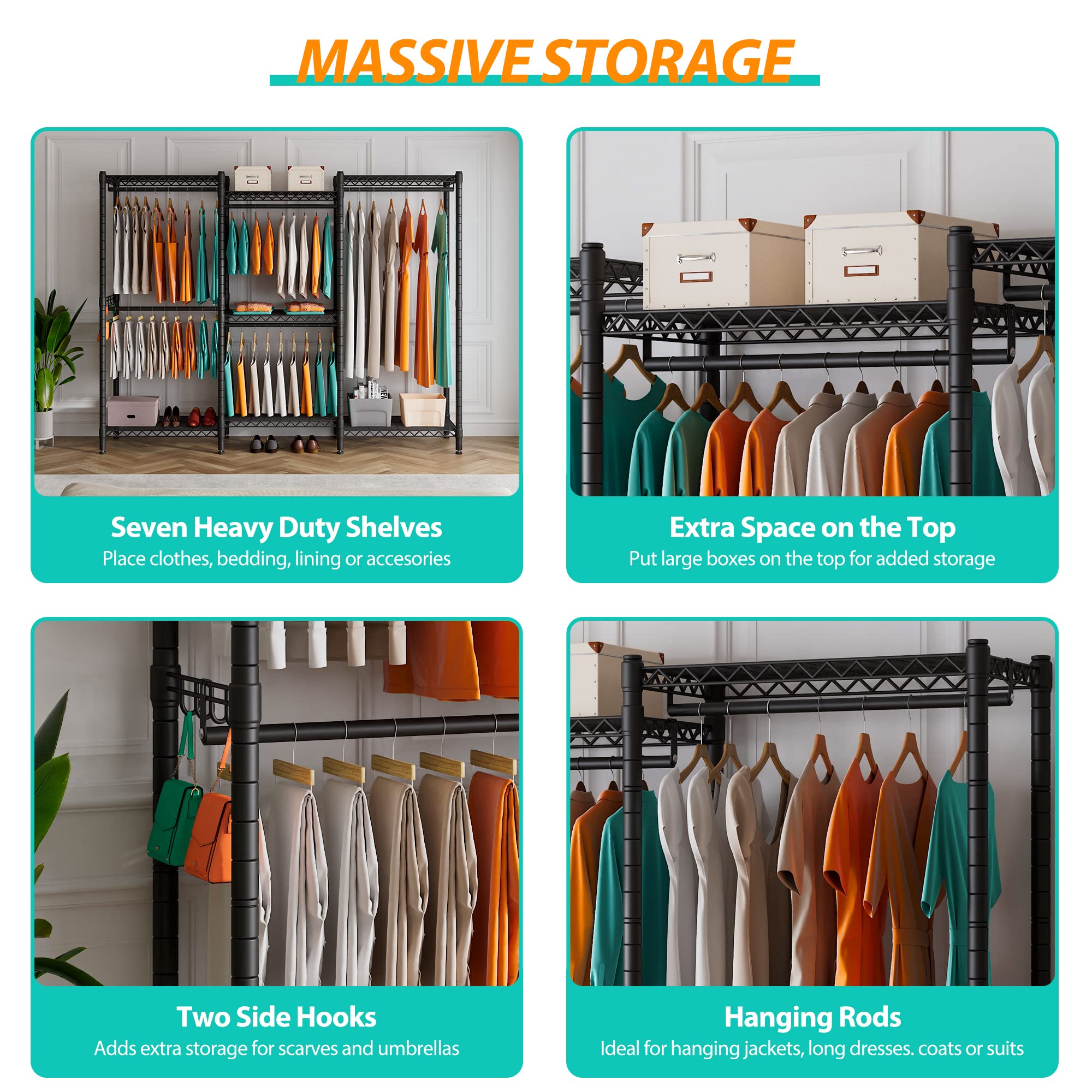 PUNION Heavy Duty Clothes Rack,Wire Garment Rack for Hanging Clothes,Multi-Functional Bedroom Clothing Rack with 5 Hanger Rod,7 Shelves,2 Side Hooks,Extra Wide 86"W X18”D X77”H, Max Load 1500LBS,Black