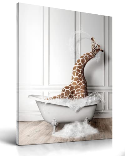 iHery Funny Bathroom Wall Art Decor, Waterproof 12x16in Quality Cute Canvas Wall Art Pictures, Wood Framed Funny Color Giraffe Bathing Animals Abstract Prints for Bedroom Kids Room 1 Pack
