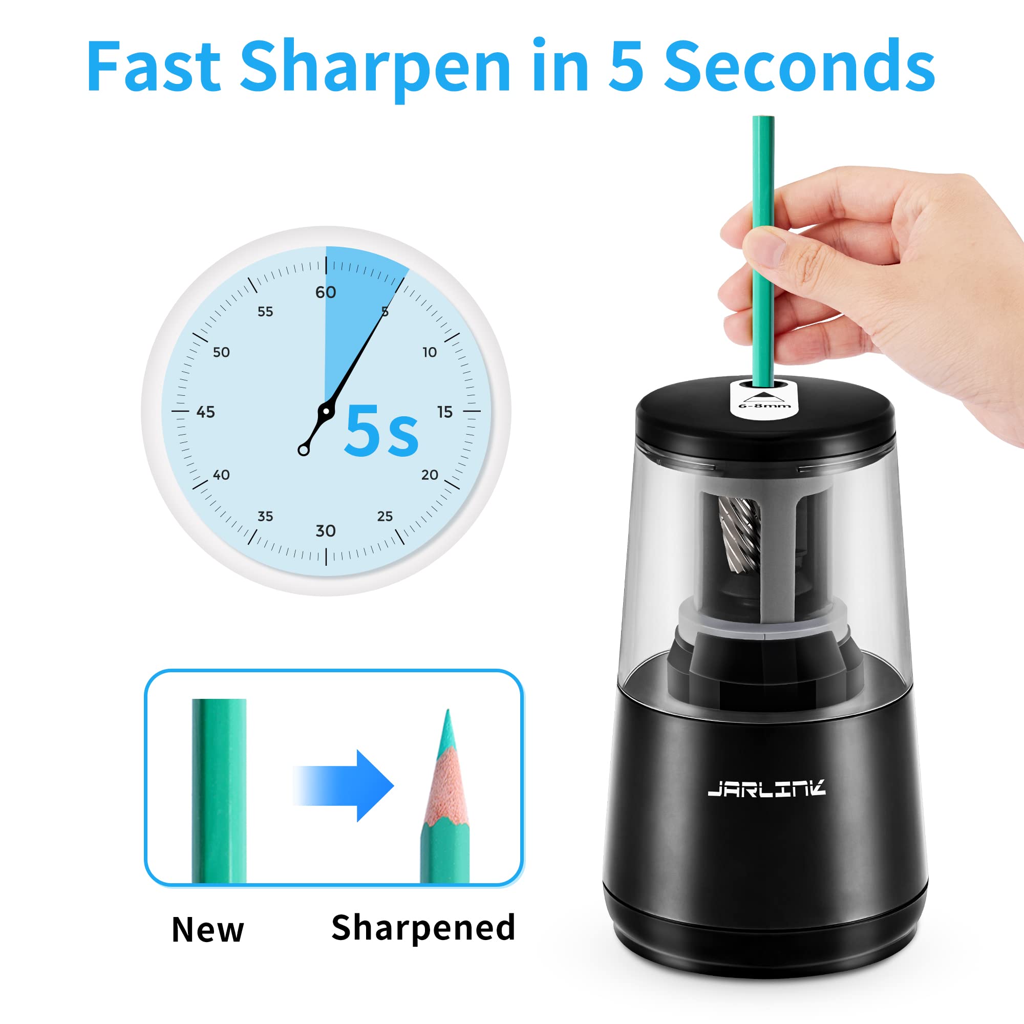JARLINK Electric Pencil Sharpener, Classroom Pencil Sharpeners, Auto Stop for 6-8mm No.2/Colored Pencils, Electric Pencil Sharpener Plug in/USB/Battery Operated in School/Office/Home (Black)