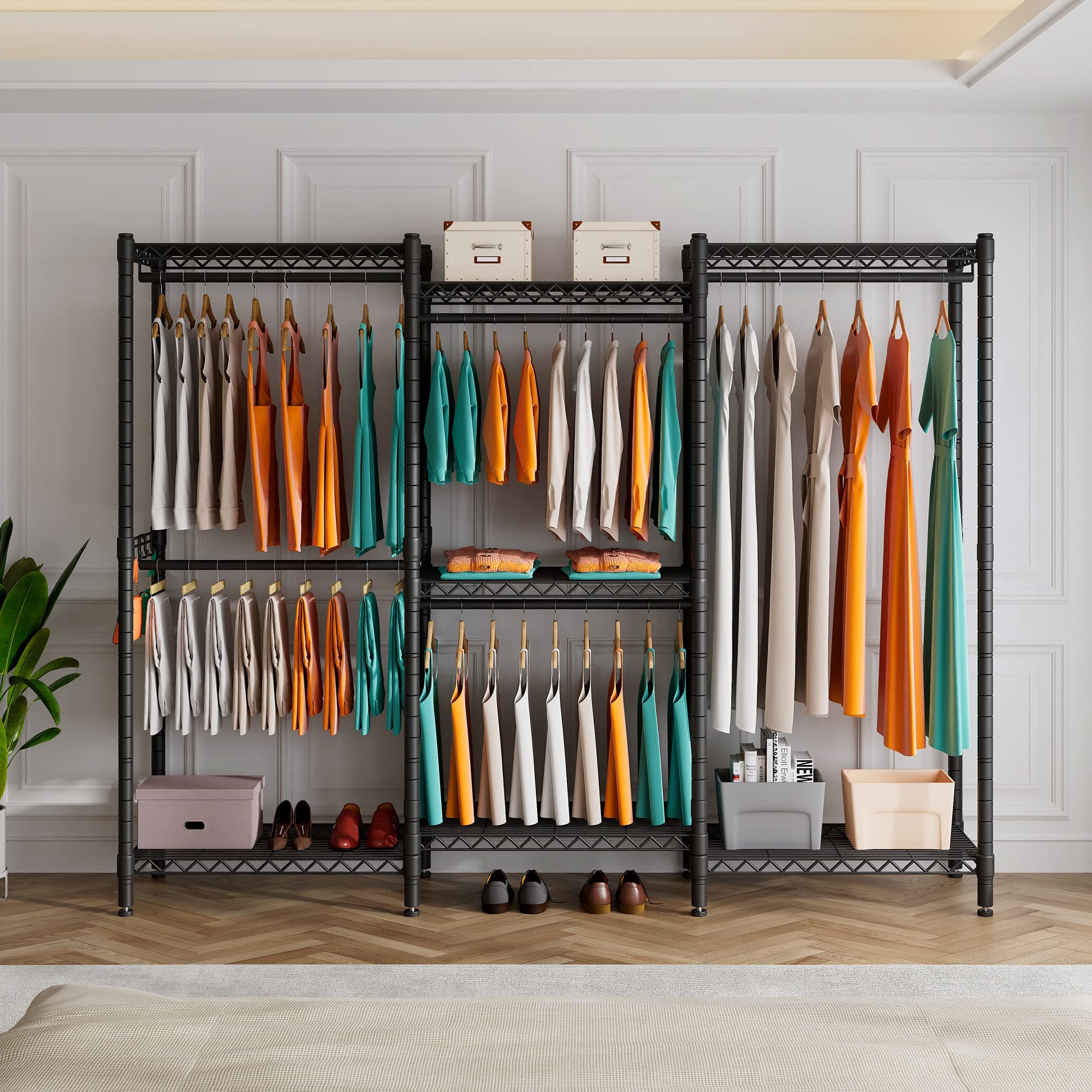 PUNION Heavy Duty Clothes Rack,Wire Garment Rack for Hanging Clothes,Multi-Functional Bedroom Clothing Rack with 5 Hanger Rod,7 Shelves,2 Side Hooks,Extra Wide 86"W X18”D X77”H, Max Load 1500LBS,Black