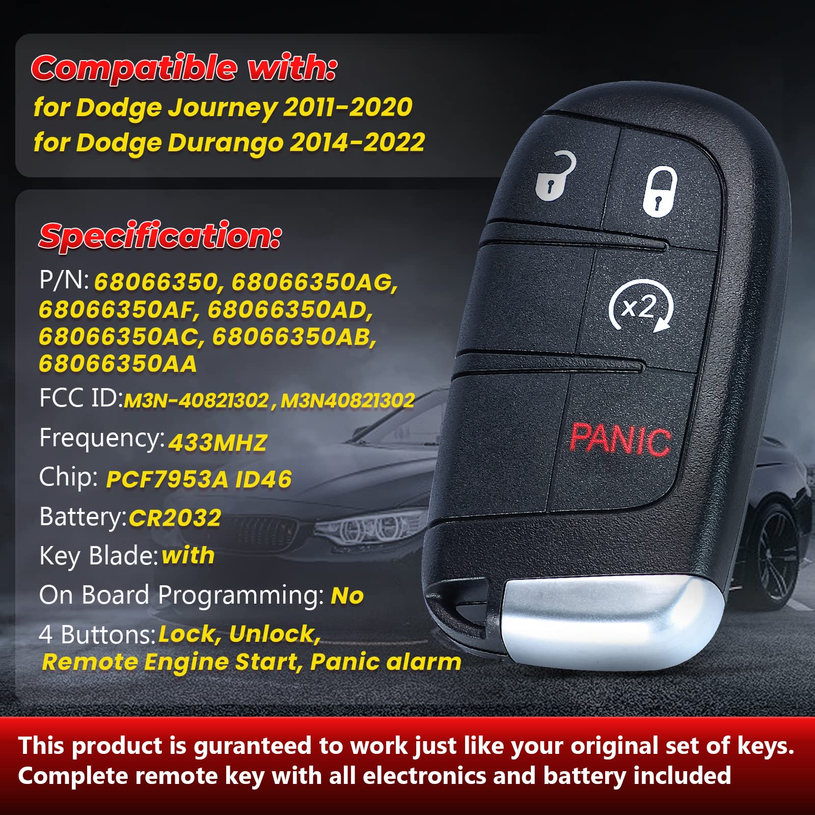 Aichiyu Keyless Entry Smart Remote Car Key Fob M3N-40821302 for Dodge Journey 2011 2012 2013 2014 2015 2016 2017 2018 2019 2020 Durango 2014-2022 4 Buttons 433Mhz ID46 Chip 68066350