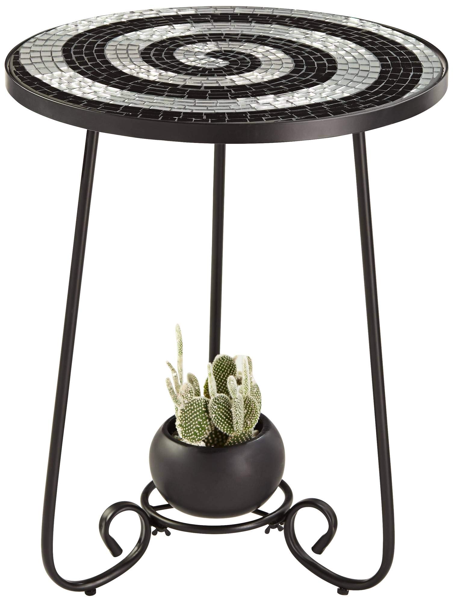 Teal Island Designs Spiral Modern Black Metal Round Outdoor Accent Side Table 17 3/4" Wide Black White Mosaic Tile Tabletop Gracefully Curved Legs for Spaces Porch Patio Home House Balcony Deck