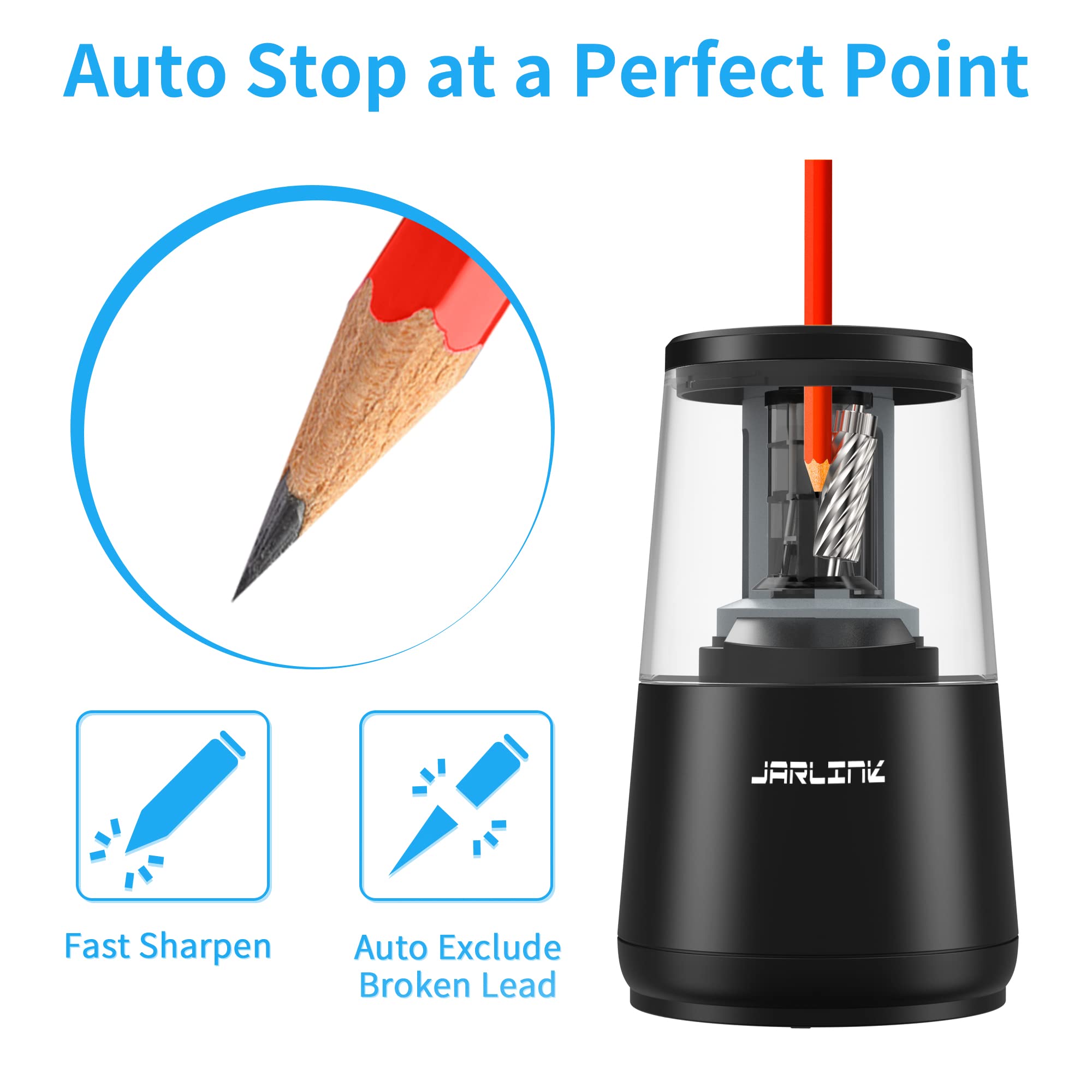 JARLINK Electric Pencil Sharpener, Classroom Pencil Sharpeners, Auto Stop for 6-8mm No.2/Colored Pencils, Electric Pencil Sharpener Plug in/USB/Battery Operated in School/Office/Home (Black)