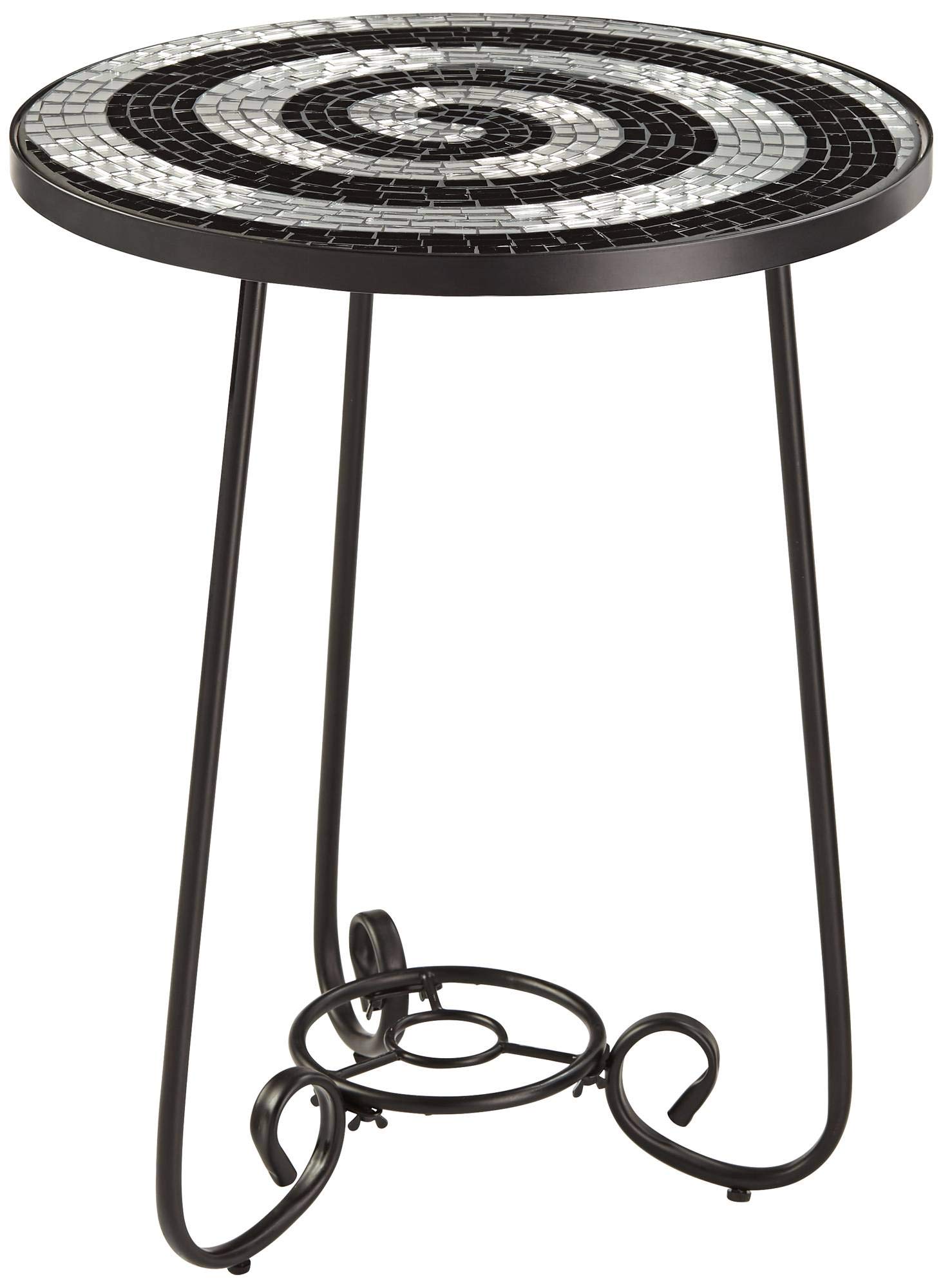 Teal Island Designs Spiral Modern Black Metal Round Outdoor Accent Side Table 17 3/4" Wide Black White Mosaic Tile Tabletop Gracefully Curved Legs for Spaces Porch Patio Home House Balcony Deck