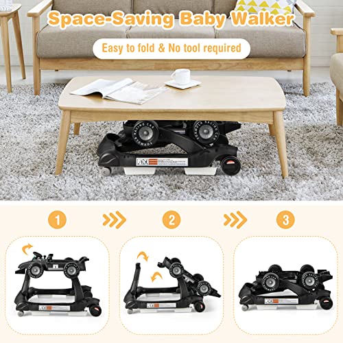 GLACER 4-in-1 Baby Walker, Folding Infant Walker with Adjustable Height & Speed, Music Box with Light, Steering Wheel, Soft Cushion, Toddler Toy Activity Center for Babies Aged 6-18 Months