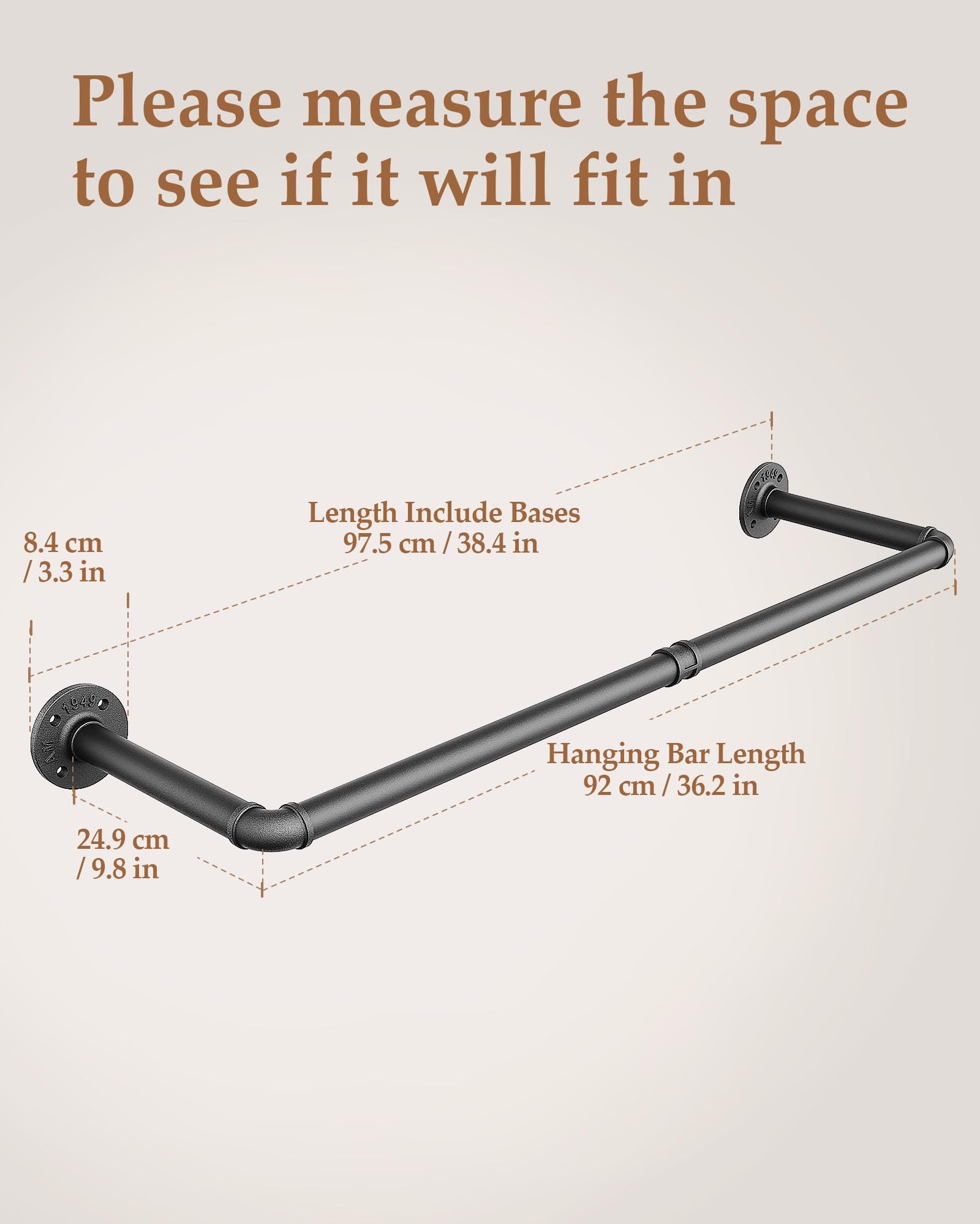 Bodato Industrial Clothing Rack 38.4'' for Wall 2 Pack, Heavy Duty Pipe Clothes Rack Wall Mounted for Hanging Clothes Garment, Closet Rod Hanging Bar for Walk-in Closet