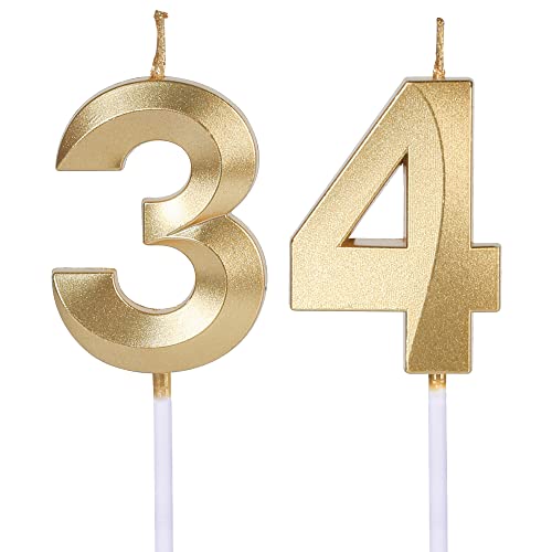 Gold 34th & 43rd Birthday Candles for Cakes, Number 34 43 Candle Cake Topper for Party Anniversary Wedding Celebration Decoration