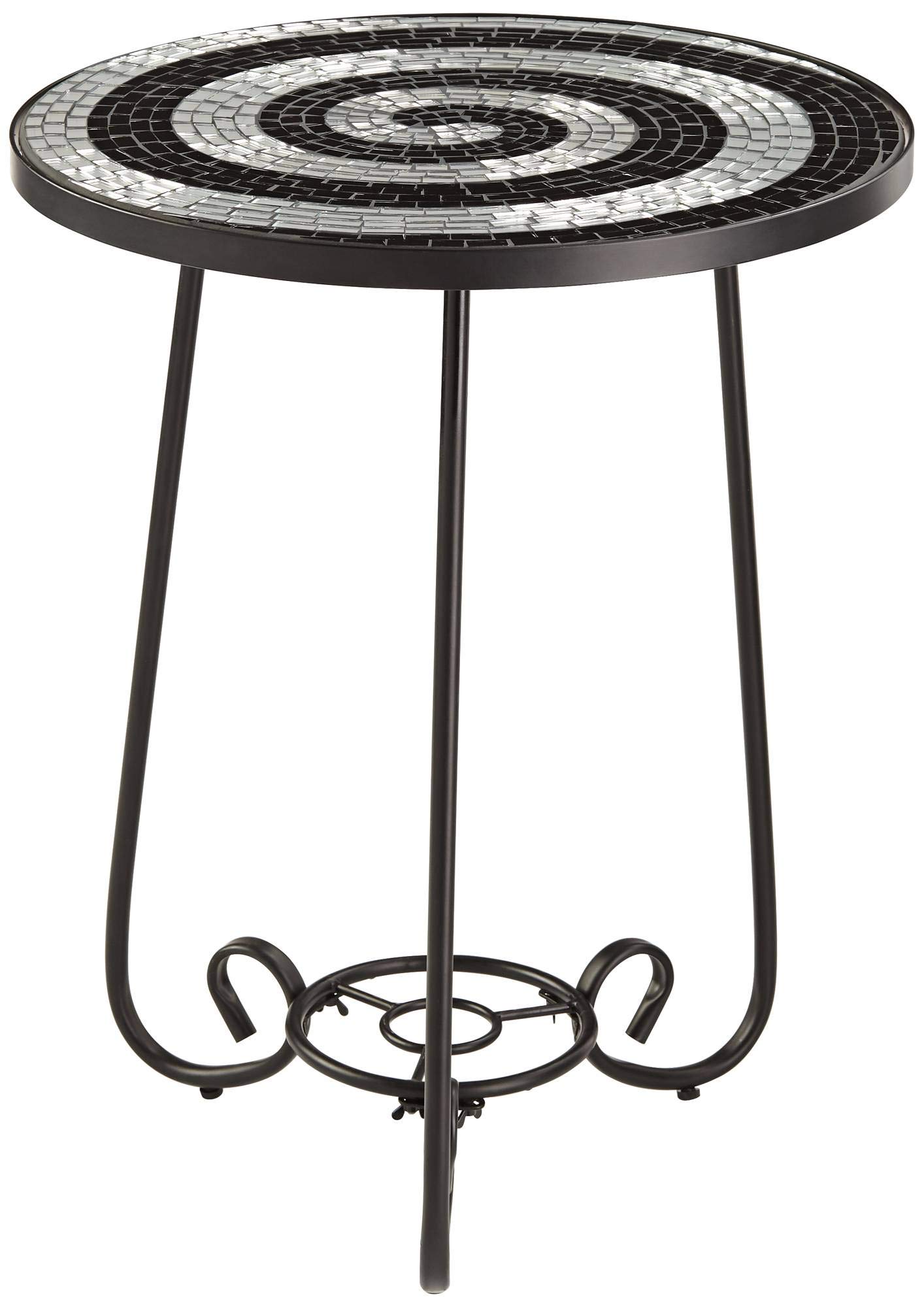 Teal Island Designs Spiral Modern Black Metal Round Outdoor Accent Side Table 17 3/4" Wide Black White Mosaic Tile Tabletop Gracefully Curved Legs for Spaces Porch Patio Home House Balcony Deck