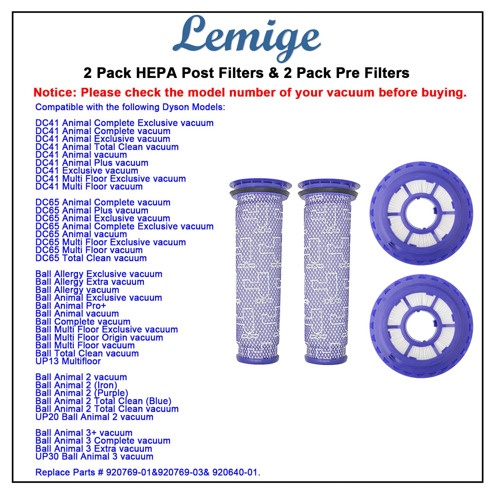 Lemige 2 Pack Post Filters & 2 Pack Pre Filters Replacement for Dyson DC41 DC65 DC66 UP13 UP20 Animal, Multi Floor and Ball Vacuums, Compare to Part #920769-01&920640-01