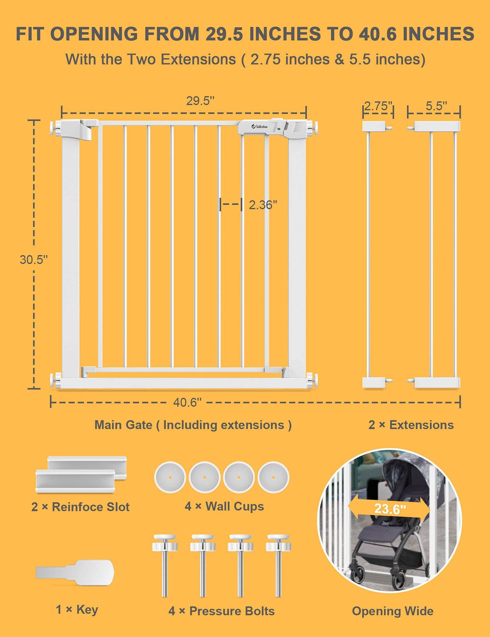 Tokkidas 29.5"-40.6" Auto Close Baby Gate, Extra Wide Child Gate with Door, Easy Walk Thru Dog Gate for Stairs, Doorways, House, Includes 2.75" & 5.5" Extension, Pressure Mounted Kit NO Drilling