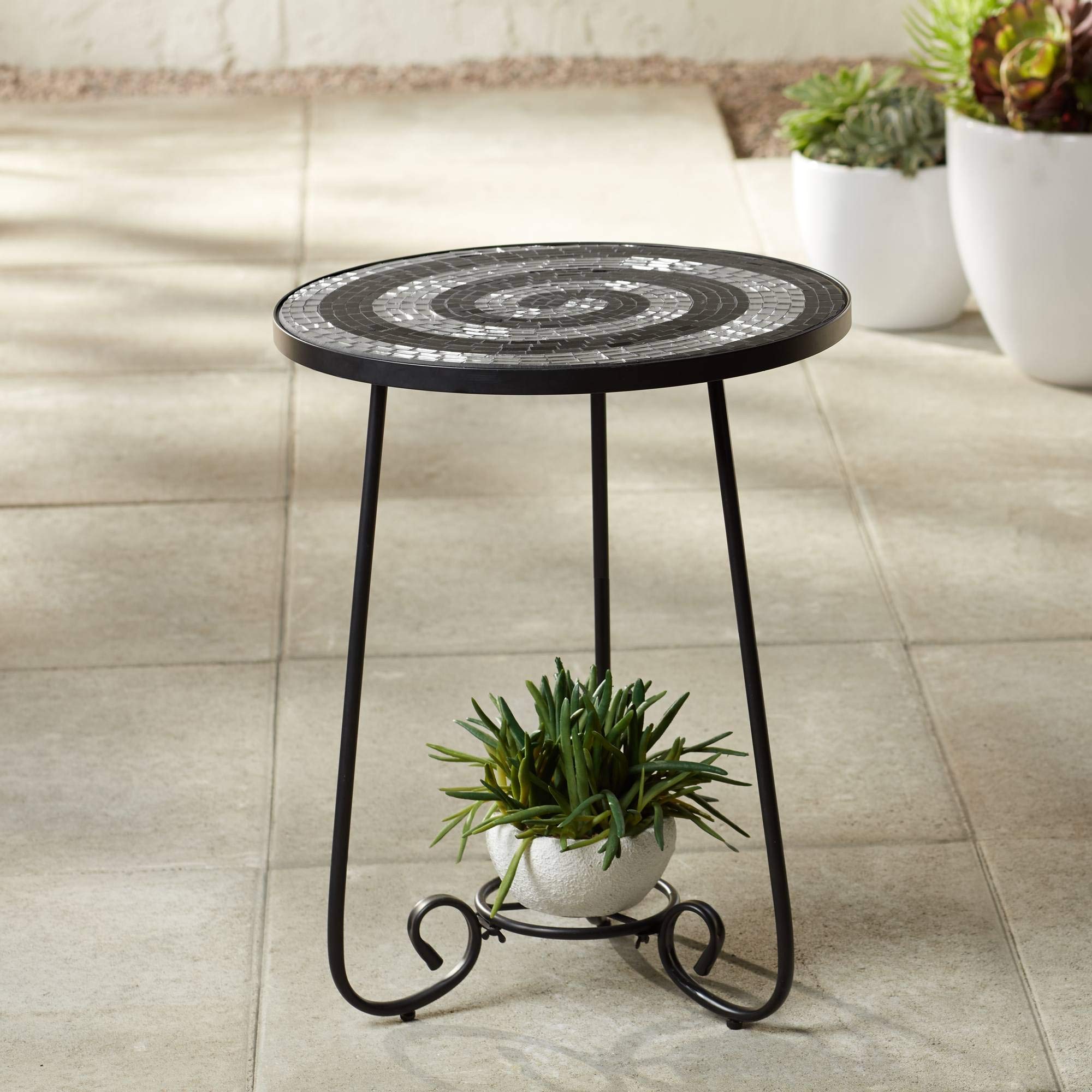 Teal Island Designs Spiral Modern Black Metal Round Outdoor Accent Side Table 17 3/4" Wide Black White Mosaic Tile Tabletop Gracefully Curved Legs for Spaces Porch Patio Home House Balcony Deck