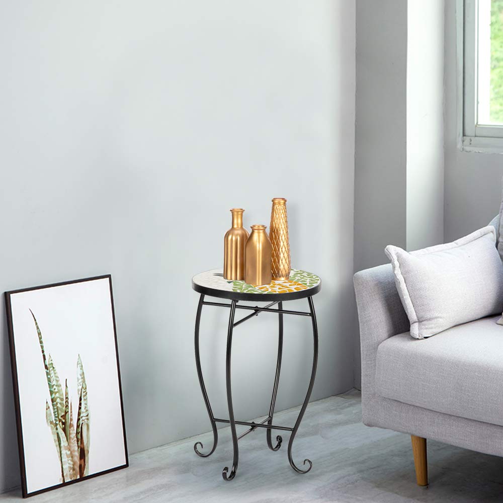 SSLine Outdoor Mosaic Side Table Elegant Round Accent Table with Colorful Glass Top&Metal Frame Patio Deck Sofa Chair-Side End Table Small Coffee Tables Plant Stand for Living Room Backyard Balcony