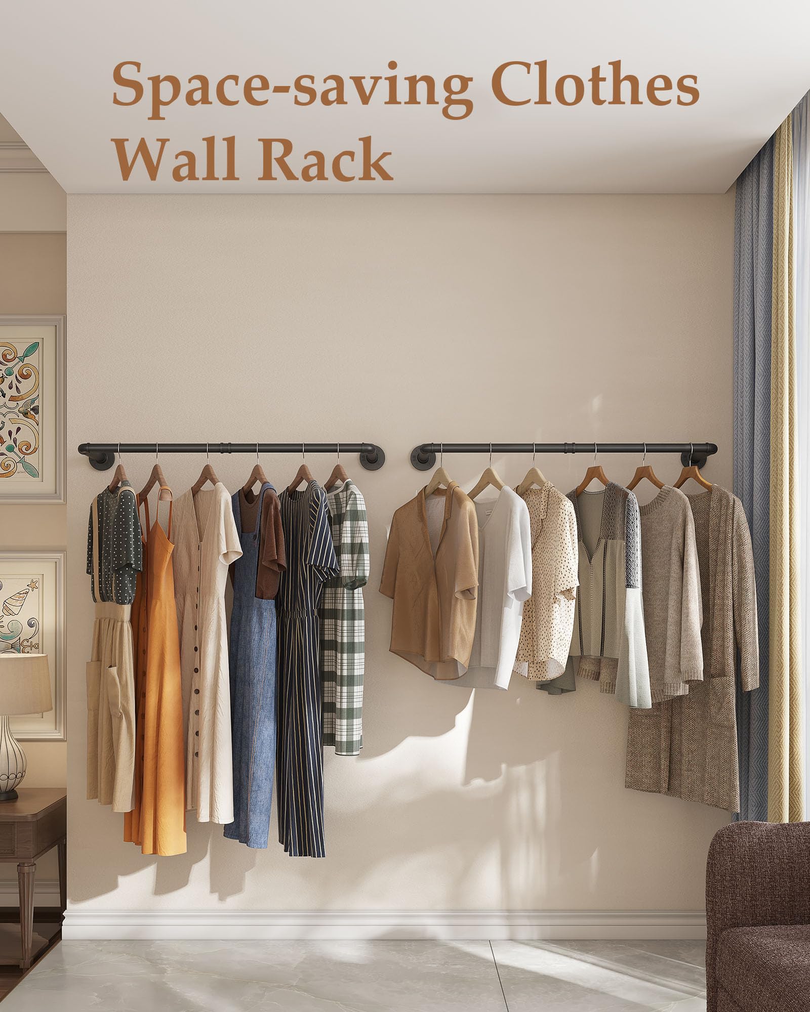 Bodato Industrial Clothing Rack 38.4'' for Wall 2 Pack, Heavy Duty Pipe Clothes Rack Wall Mounted for Hanging Clothes Garment, Closet Rod Hanging Bar for Walk-in Closet