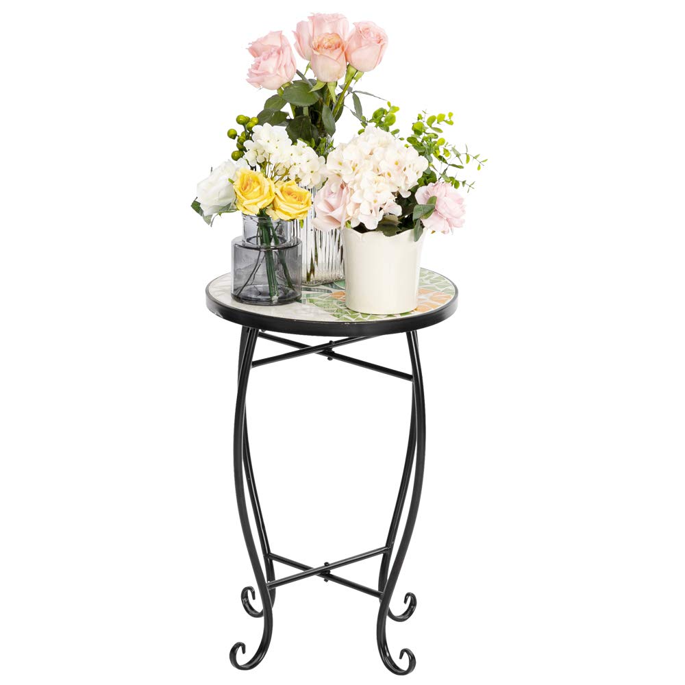 SSLine Outdoor Mosaic Side Table Elegant Round Accent Table with Colorful Glass Top&Metal Frame Patio Deck Sofa Chair-Side End Table Small Coffee Tables Plant Stand for Living Room Backyard Balcony
