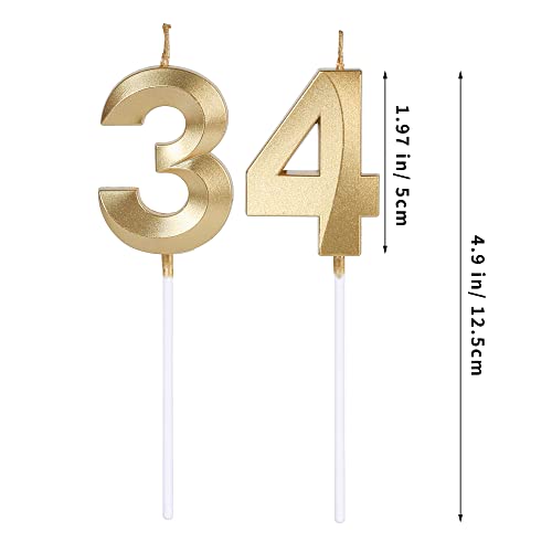 Gold 34th & 43rd Birthday Candles for Cakes, Number 34 43 Candle Cake Topper for Party Anniversary Wedding Celebration Decoration