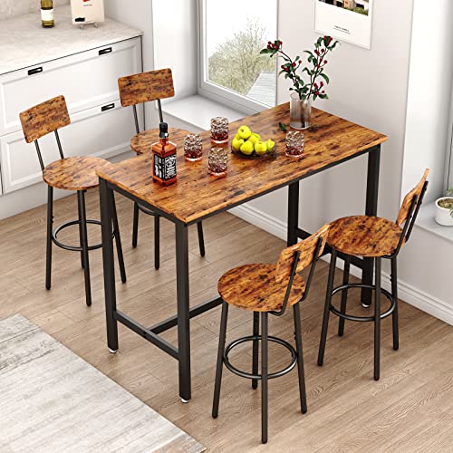 KIVENJAJA Bar Table and Chairs Set for 4, 5-Piece Rectangular Pub Bistro Table & Stools with Backrest, Counter Height Dining Table Set for Kitchen Living Room Restaurant Breakfast Nook, Rustic Brown