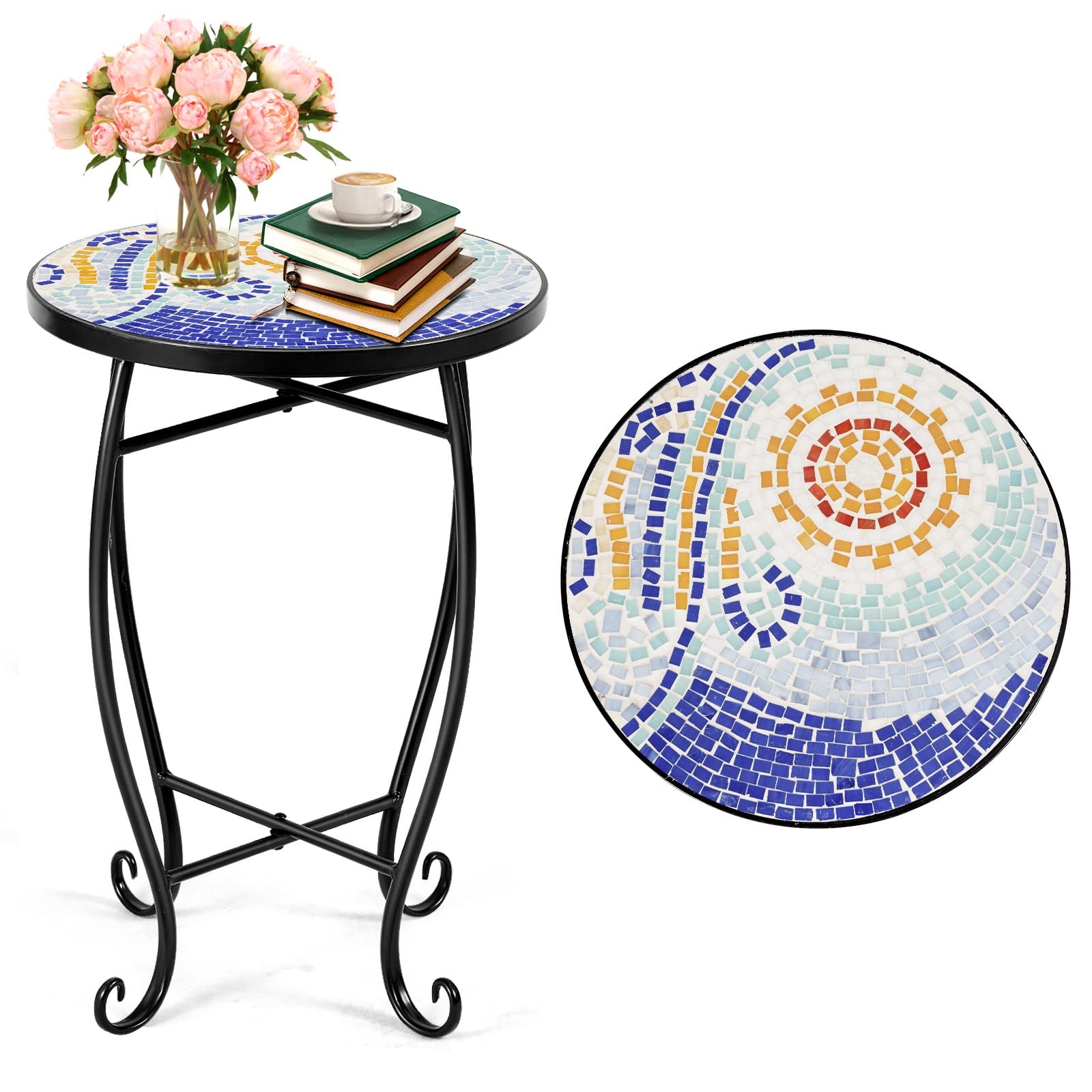 S AFSTAR Mosaic Patio Table, 21”H x 14”Dia Round Plant Stand Coffee Table, Mosaic Outdoor Side Table, Patio Bistro Table, Outdoor Side Tables, Mosaic Plant Stand for Books Coffee Potted (Navy)