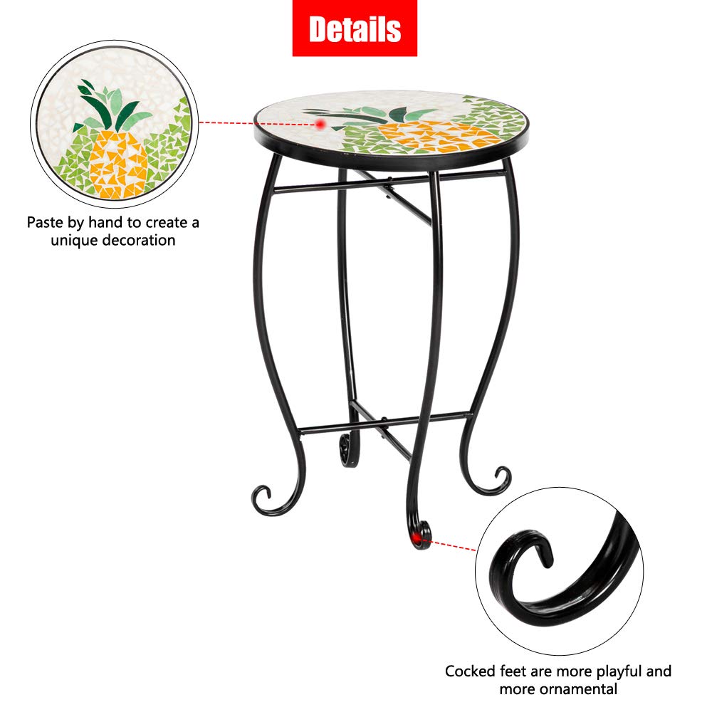 SSLine Outdoor Mosaic Side Table Elegant Round Accent Table with Colorful Glass Top&Metal Frame Patio Deck Sofa Chair-Side End Table Small Coffee Tables Plant Stand for Living Room Backyard Balcony
