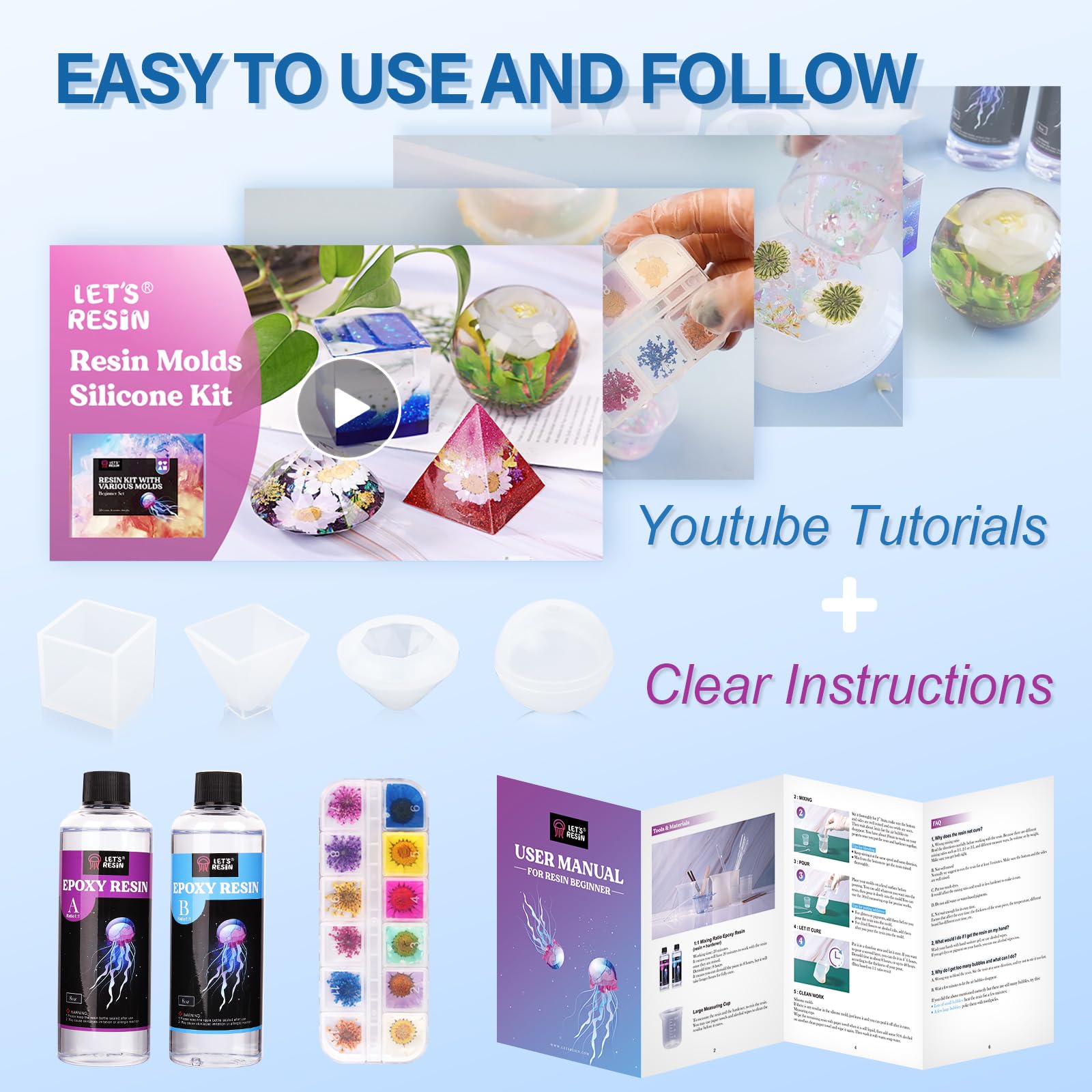 LET’S Resin Resin Kits and Molds Complete Set, 16OZ Resin Molds Silicone Kit Bundle with Sphere, Pyramid Molds, Resin Epoxy Starter Kit for Beginner Resin Casting