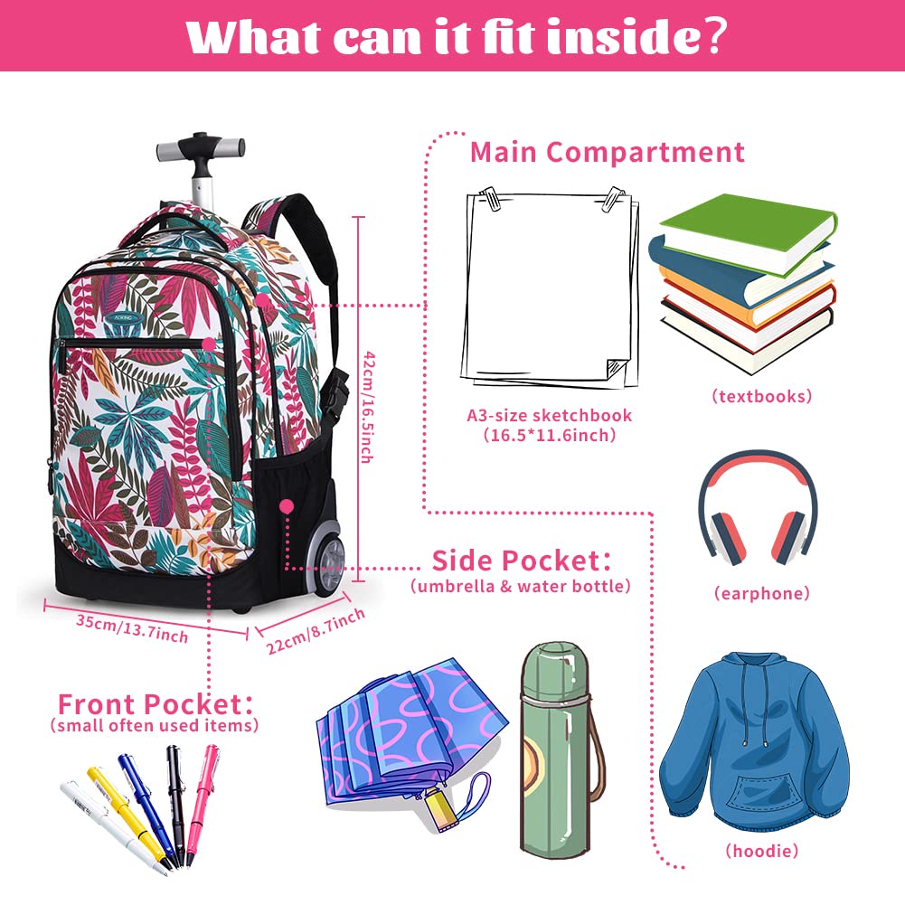 2022 Rolling Backpack for Kids Adults, 18" Waterproof Backpack with Wheels for Girls Boys, Roller Bookbags for School Travel, Age 7+, White Flower