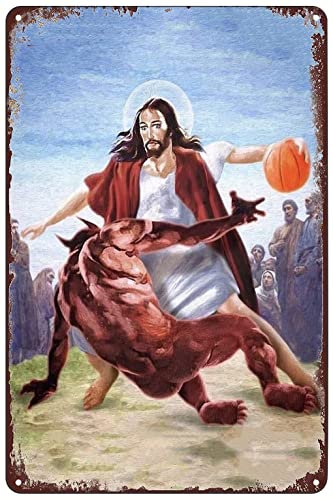 Vintage Metal Tin Sign - Jesus vs Satan in Basketball Poster Funny Signs Wall Art Decor Plaque for Home Bar Pub Club Cafe Living Room 8x12 inch