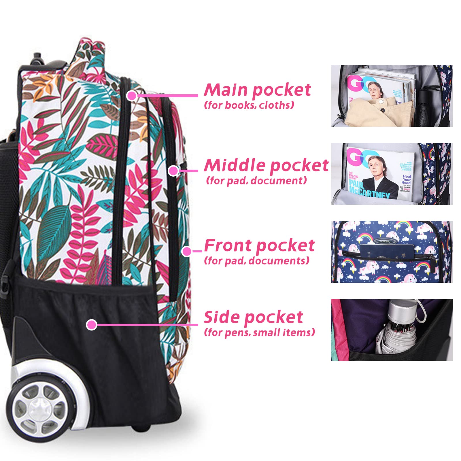 2022 Rolling Backpack for Kids Adults, 18" Waterproof Backpack with Wheels for Girls Boys, Roller Bookbags for School Travel, Age 7+, White Flower