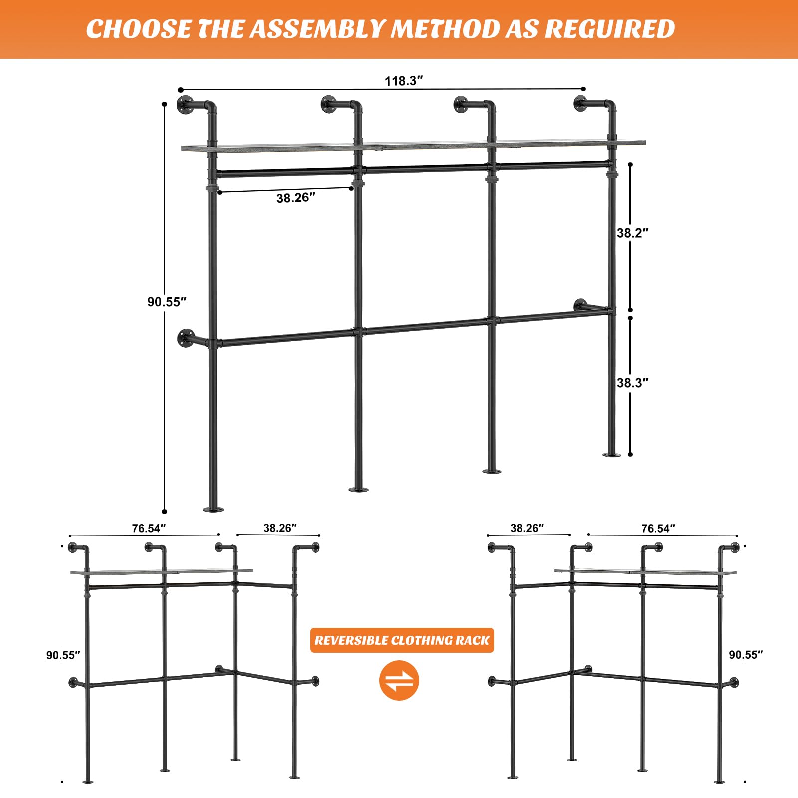 Aheaplus Industrial Pipe Clothing Rack, Reversible 118.3'' Clothes Rack for Hanging Clothes, Heavy Duty Garment Rack Closet Wardrobe Rack with LED Lights& Shelves, Walk-in Closet System, Black Oak