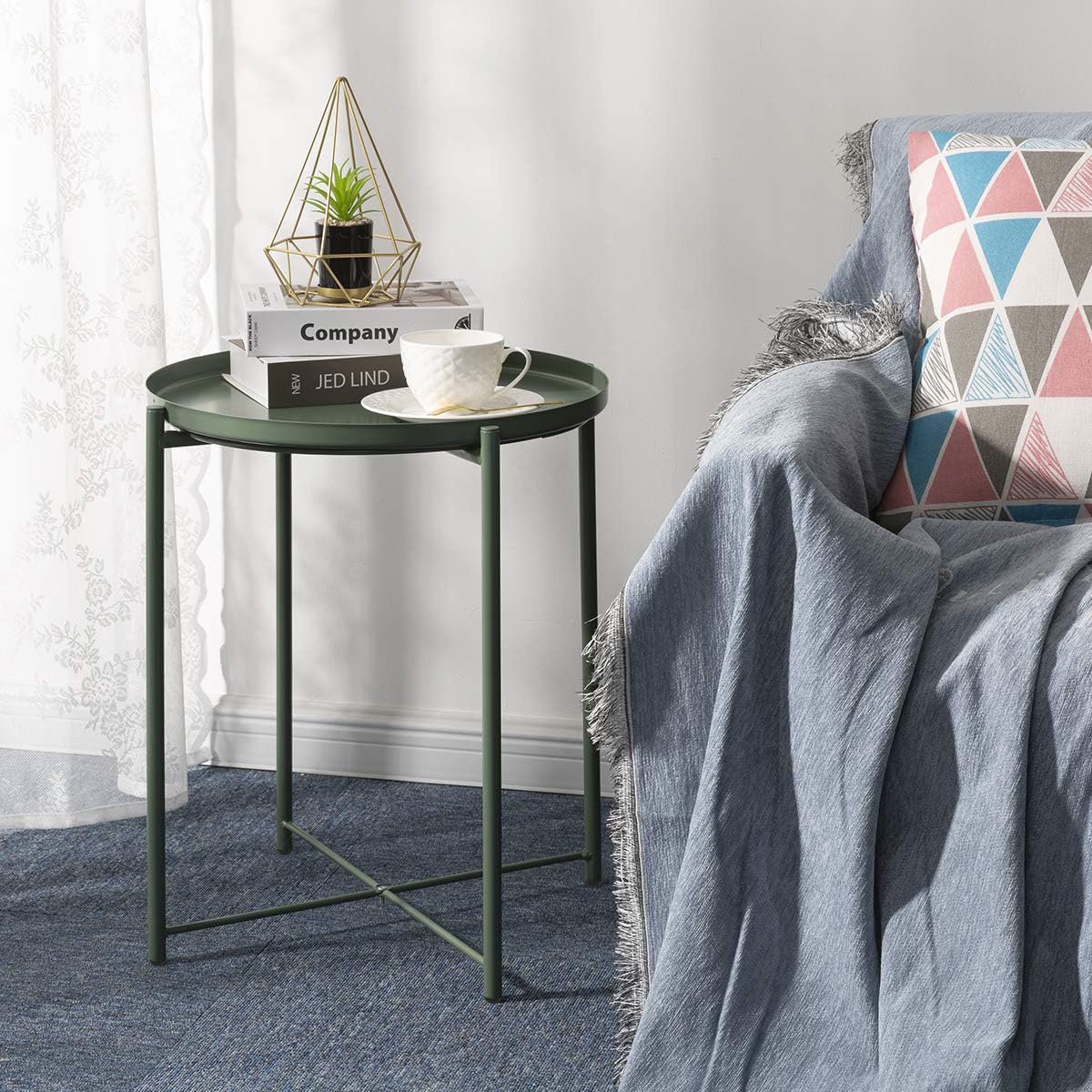 danpinera Side Table, End Table for Small Spaces Accent Metal Bedside Table Round Small End Table, Outdoor Side Table Accent Patio Side Table Anti-Rust and Waterproof Dark Green