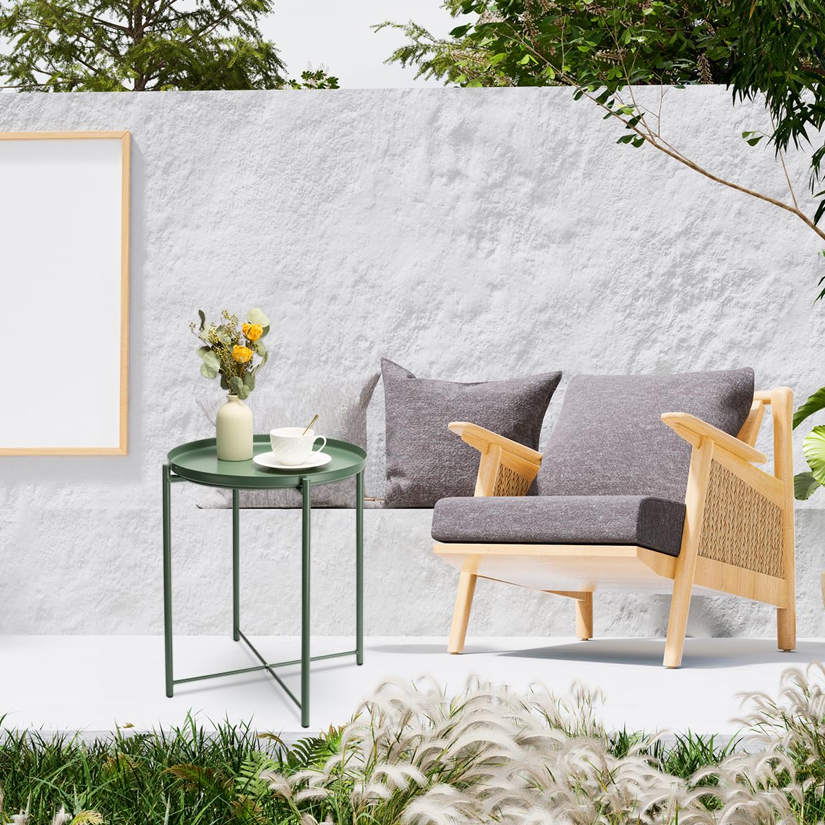 danpinera Side Table, End Table for Small Spaces Accent Metal Bedside Table Round Small End Table, Outdoor Side Table Accent Patio Side Table Anti-Rust and Waterproof Dark Green
