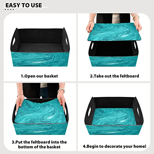 Kigai Collapsible Felt Storage Bins Turquoise Marble Rectangle with Handle Storage Bins Baskets Toys Storage Basket for Organizing Closet Clothes Office Books Home Decor