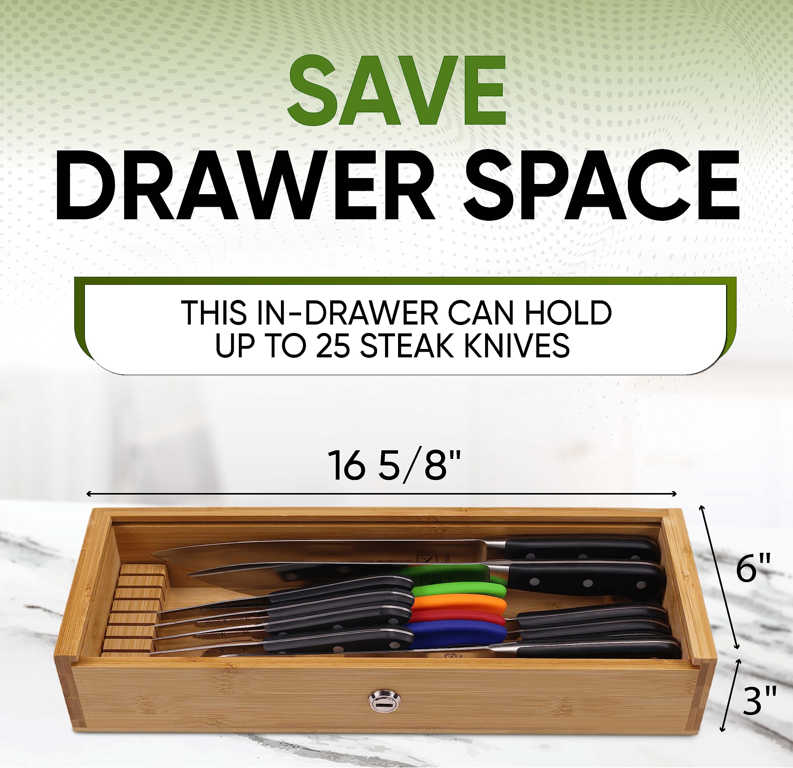 Kid Safe In-Drawer Bamboo Sharp Knives Holder & Organizer. (Knives Not Included). Multi Purpose Lock Box. Only 5.5 Inches Wide. Holds up tp 25 Knives. Best Knife Block Alternative!
