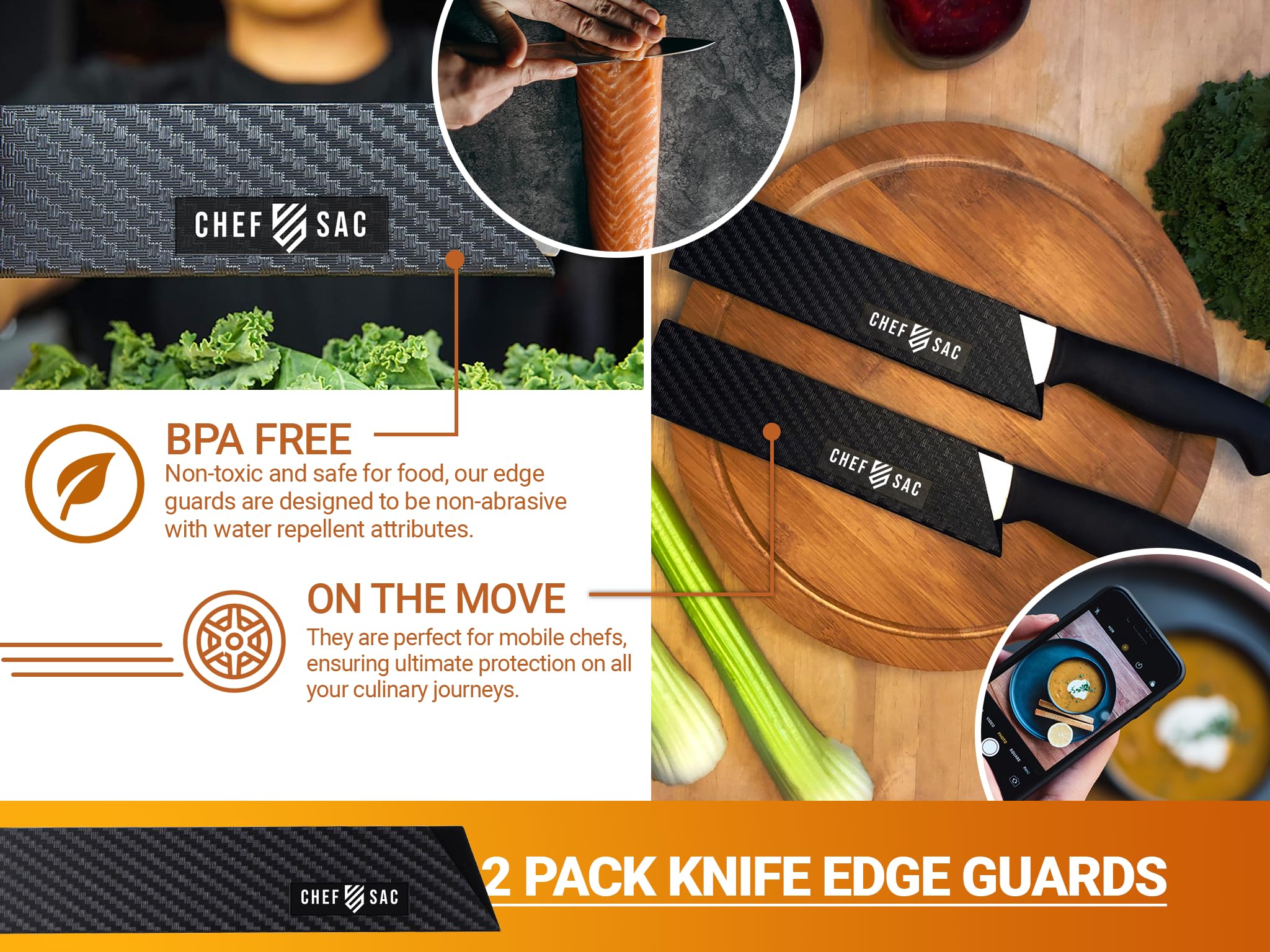 Chef Sac Knife Edge Guards | Universal Knife Cover & Professional Knife Protector | Durable BPA-Free ABS Plastic Knife Guards | Gentle Non-Scratch Felt Lining Chef Knife Sheath (2-Pack - 8.5)