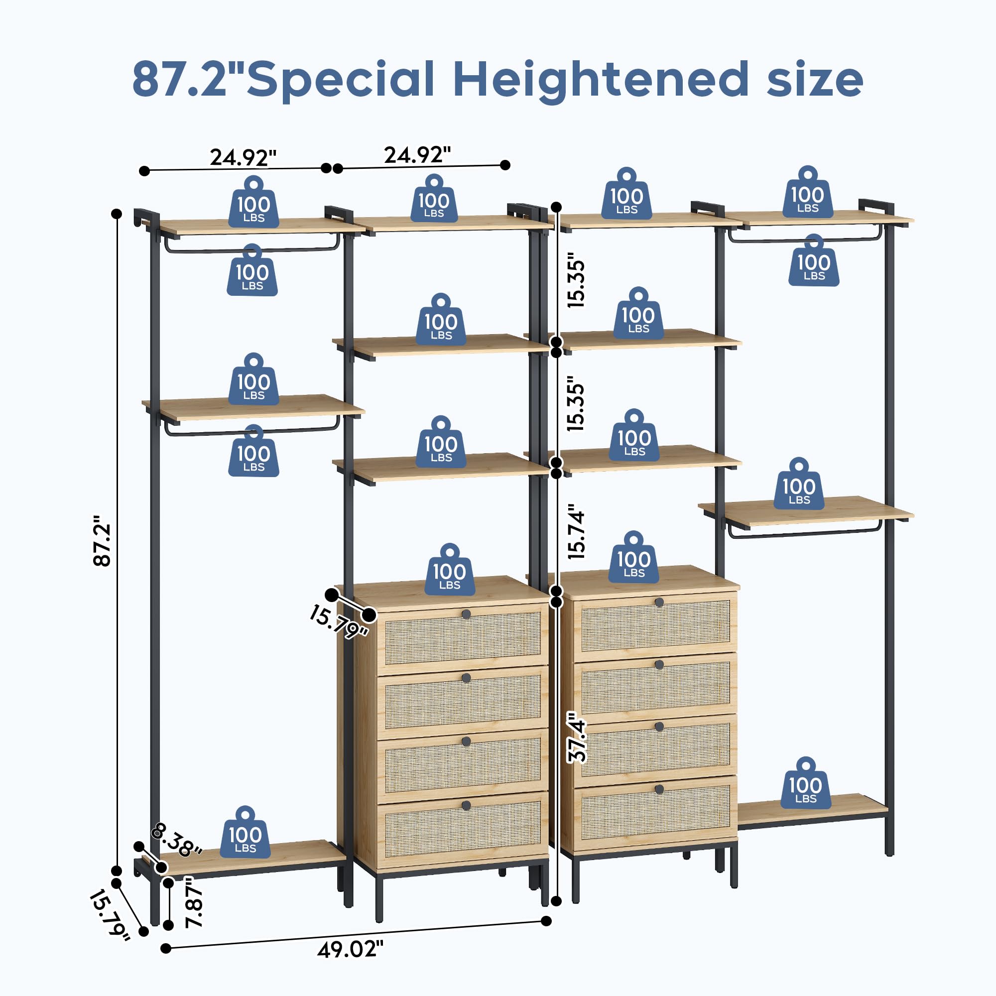 98.04 Inches Closet System, Large Wall Mount Wardrobe Cabinet Clothes Storage and Organizer Heavy-Duty Garment Rack Walk-in Clothes Rack with 8 Natural Rattan Drawers for Bedroom and Walk in Closets