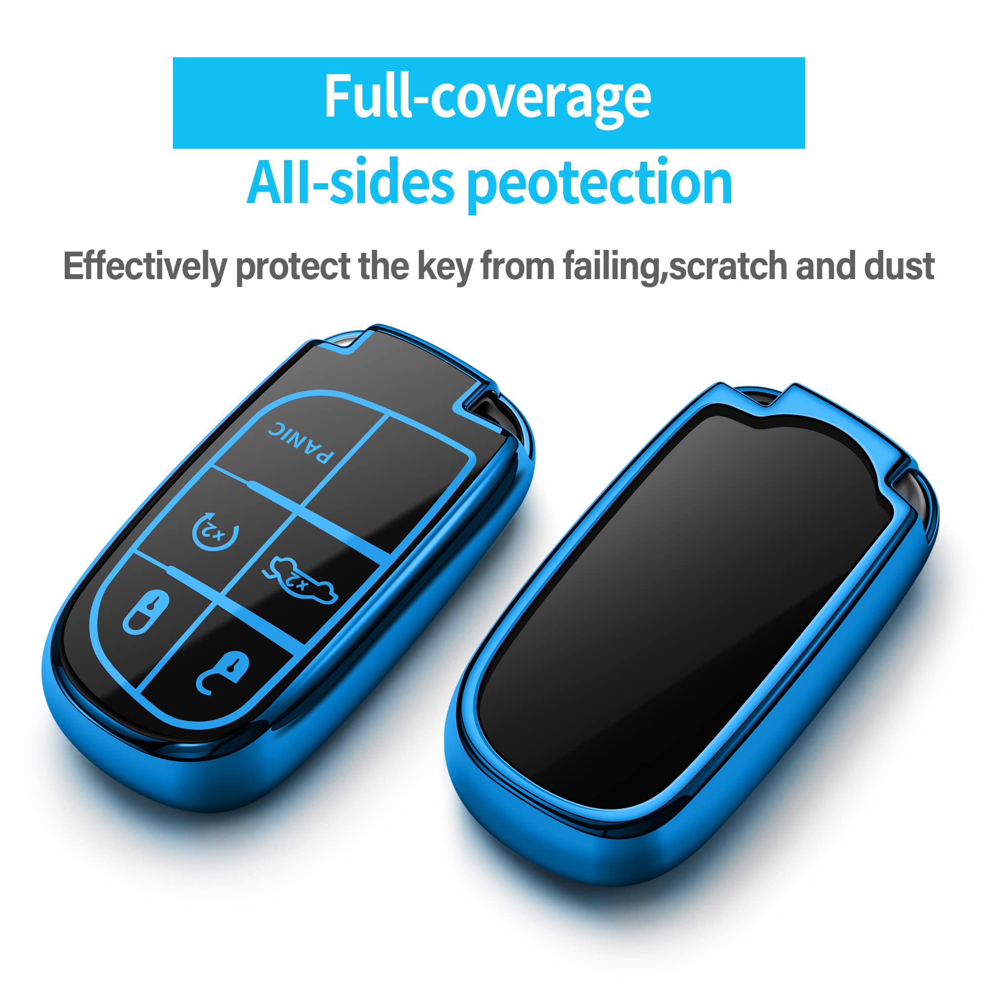 Tukellen Jeep Key Fob Cover - Soft TPU Case Compatible with Grand Cherokee, Renegade, Chrysler, Dodge, RAM, Journey, Dart, Fiat, Durango, Challenger (Blue)