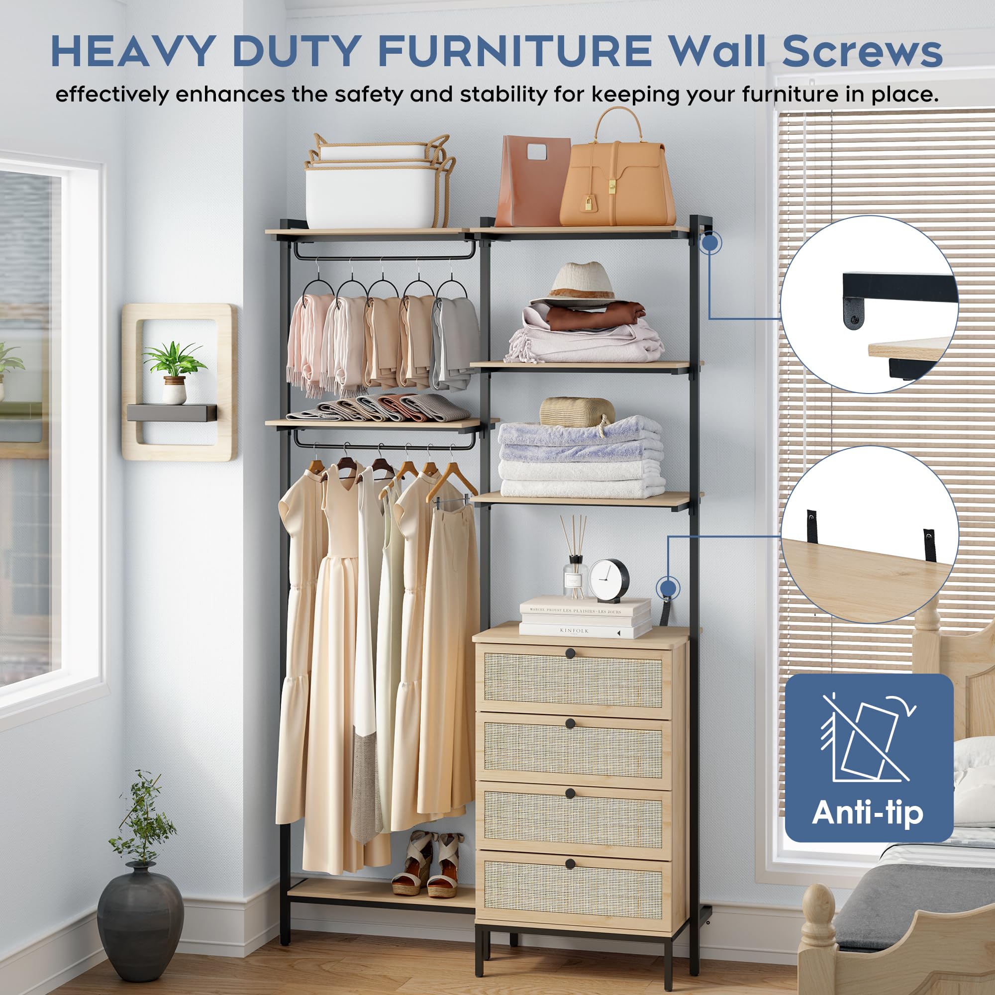 98.04 Inches Closet System, Large Wall Mount Wardrobe Cabinet Clothes Storage and Organizer Heavy-Duty Garment Rack Walk-in Clothes Rack with 8 Natural Rattan Drawers for Bedroom and Walk in Closets