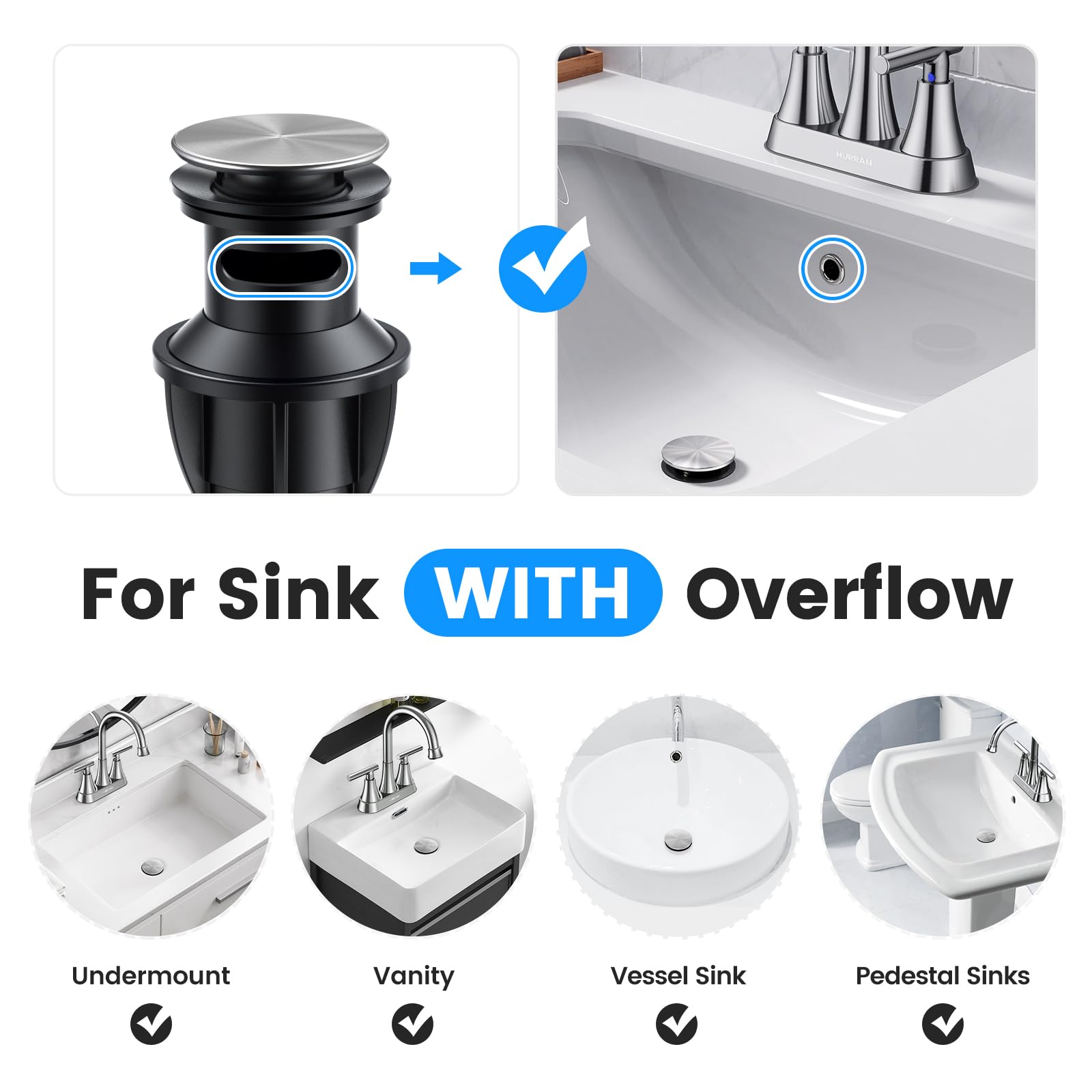 Bathroom Sink Drain with Overflow, Hurran Universal Bathroom Sink Stopper for Bathroom Vanity Vessel Sink, Rapid Draining Plastic Pop-up Sink Drain with Hair Catcher Anti-Clog Strainer, Brushed Nickel