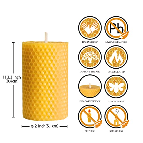 Beeswax Pillar Candles Set of 3 - Handmade Pure Beeswax Rolled Candles for Gift & Home Decor (2×3.3 in)