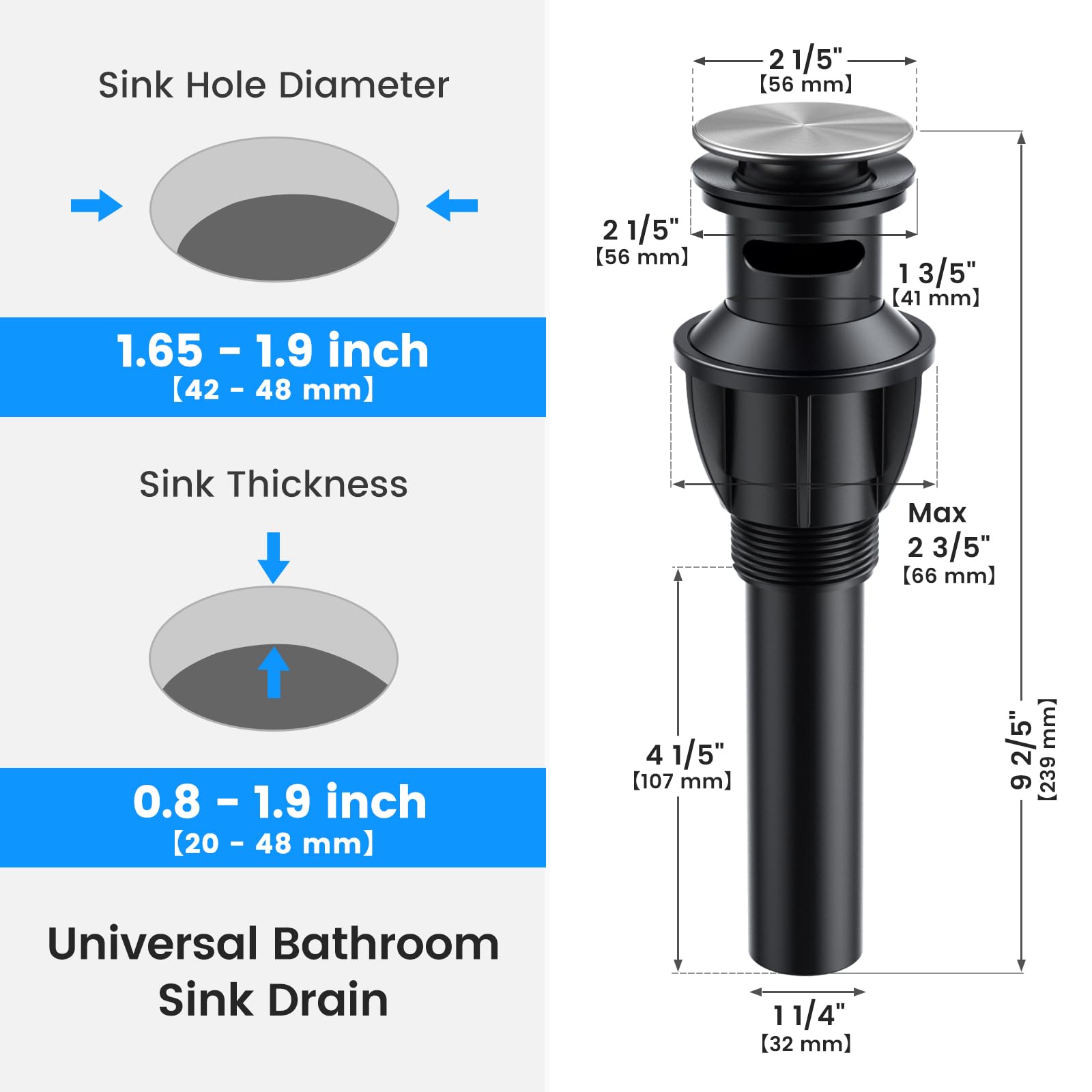 Bathroom Sink Drain with Overflow, Hurran Universal Bathroom Sink Stopper for Bathroom Vanity Vessel Sink, Rapid Draining Plastic Pop-up Sink Drain with Hair Catcher Anti-Clog Strainer, Brushed Nickel
