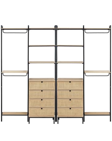 98.04 Inches Closet System, Large Wall Mount Wardrobe Cabinet Clothes Storage and Organizer Heavy-Duty Garment Rack Walk-in Clothes Rack with 8 Natural Rattan Drawers for Bedroom and Walk in Closets