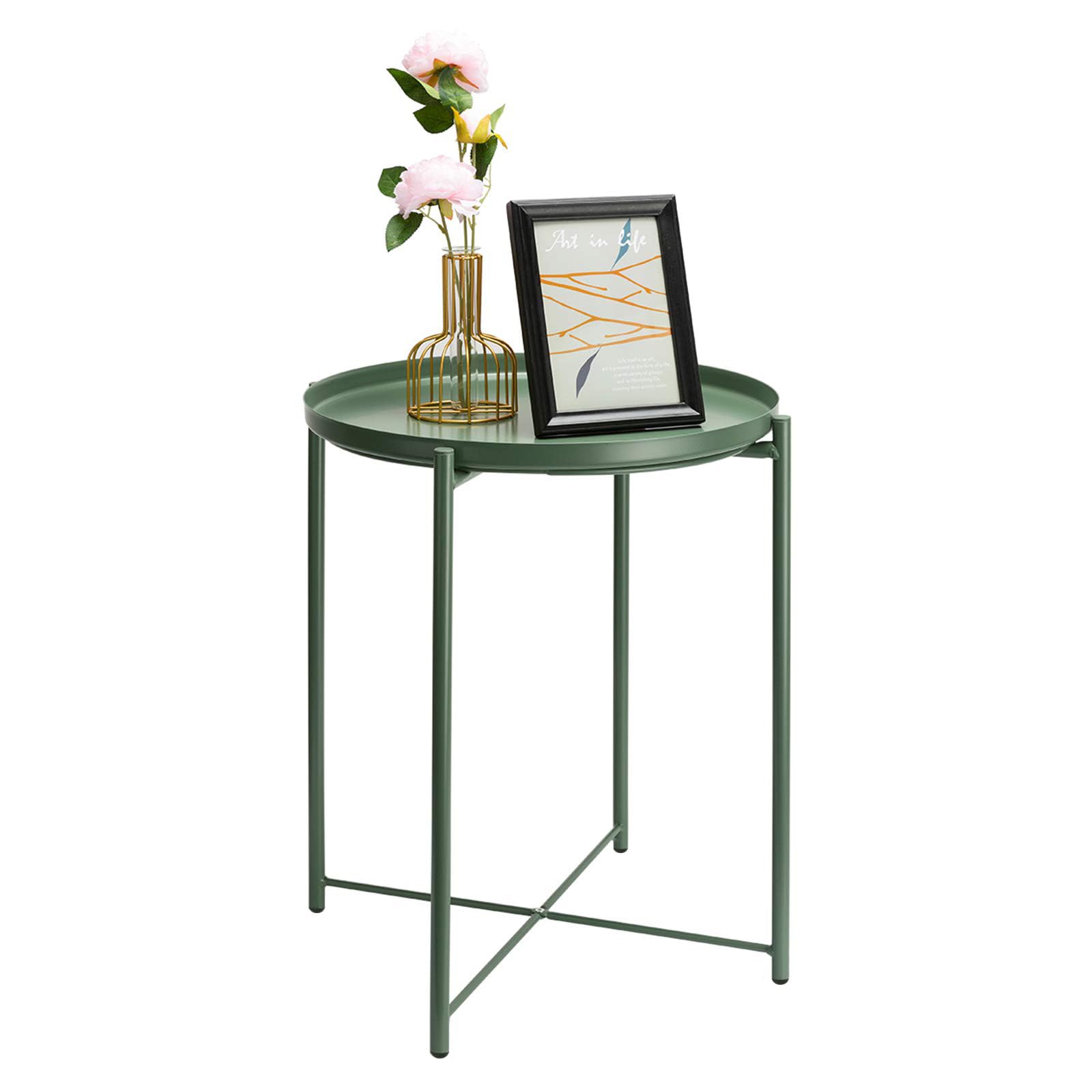 danpinera Side Table, End Table for Small Spaces Accent Metal Bedside Table Round Small End Table, Outdoor Side Table Accent Patio Side Table Anti-Rust and Waterproof Dark Green