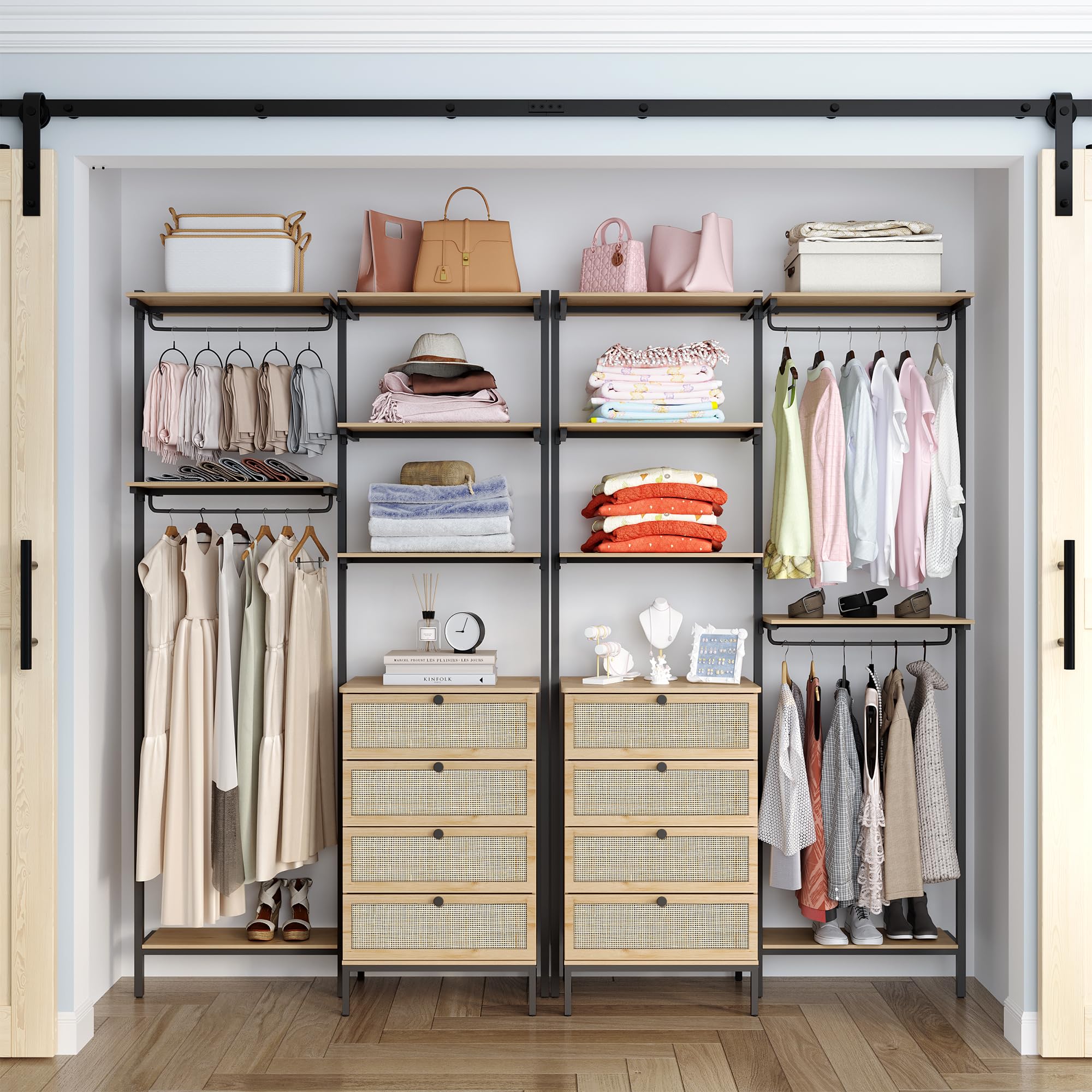 98.04 Inches Closet System, Large Wall Mount Wardrobe Cabinet Clothes Storage and Organizer Heavy-Duty Garment Rack Walk-in Clothes Rack with 8 Natural Rattan Drawers for Bedroom and Walk in Closets