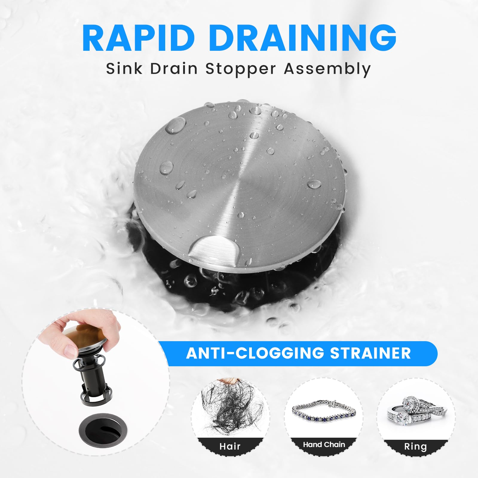 Bathroom Sink Drain with Overflow, Hurran Universal Bathroom Sink Stopper for Bathroom Vanity Vessel Sink, Rapid Draining Plastic Pop-up Sink Drain with Hair Catcher Anti-Clog Strainer, Brushed Nickel