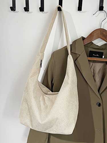 GORGLITTER Women's Corduroy Tote Bag Casual Zipper Handbag Big Capacity Shoulder Bag Beige One Size