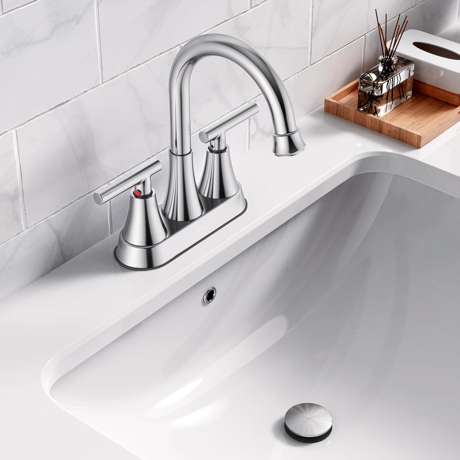 Bathroom Sink Drain with Overflow, Hurran Universal Bathroom Sink Stopper for Bathroom Vanity Vessel Sink, Rapid Draining Plastic Pop-up Sink Drain with Hair Catcher Anti-Clog Strainer, Brushed Nickel