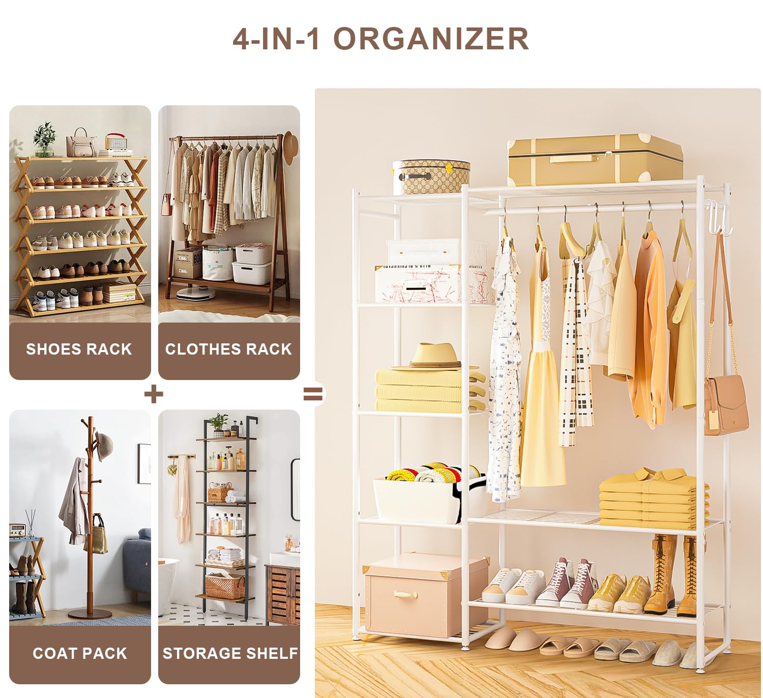 Neprock Clothing Racks for Hanging Clothes with Shelves, Portable Closet System Organizer Garment Rack for Clothes Storage, Metal Free Standing Wardrobe Clothes Organizer(White)
