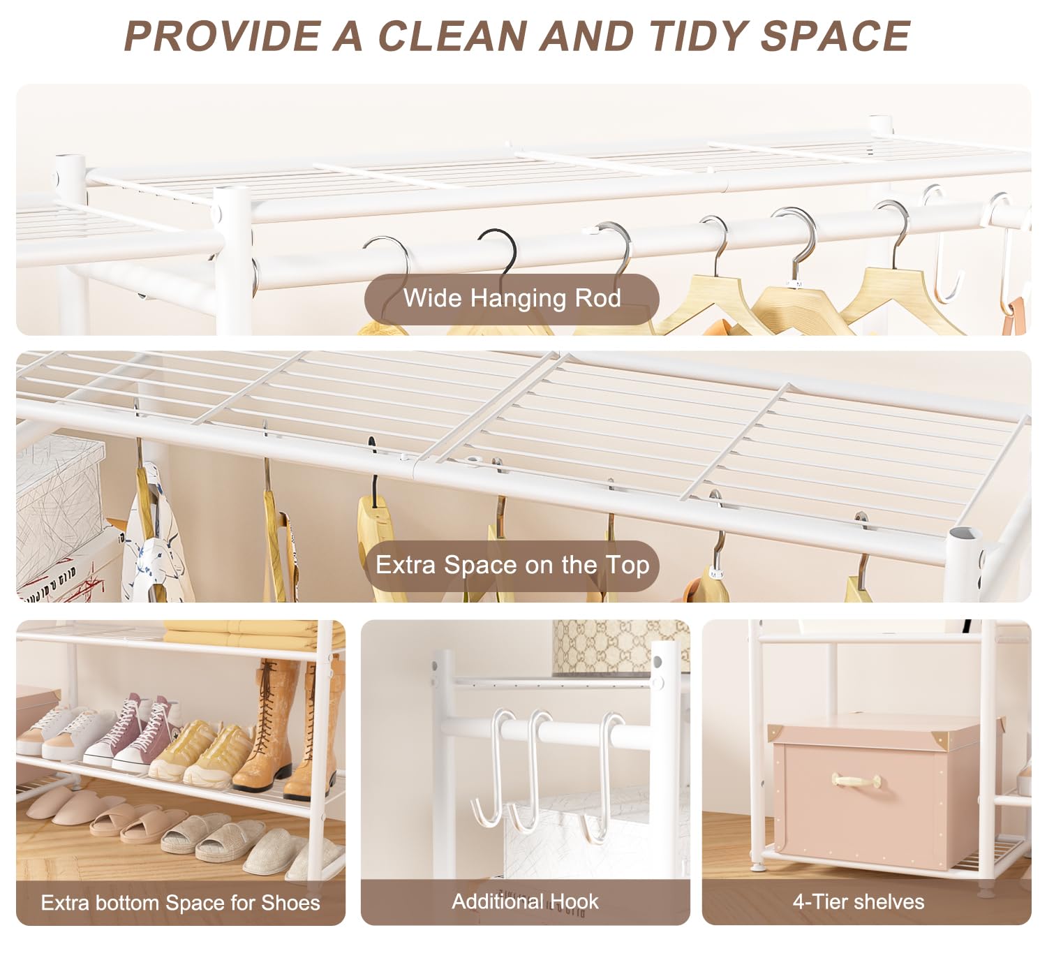 Neprock Clothing Racks for Hanging Clothes with Shelves, Portable Closet System Organizer Garment Rack for Clothes Storage, Metal Free Standing Wardrobe Clothes Organizer(White)
