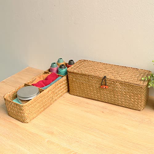 FEILANDUO Seagrass Storage Basket with Lid Hand Woven Wicker Shelf Baskets Rectangular Small Storage Box for Desktop Organizing (Natural 3 Sections with Lid)
