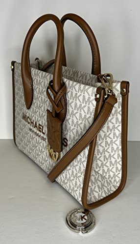 Michael Kors Mirella Small Shopper Top Zip Bag bundled SM TZ Coinpouch Purse Hook (Vanilla/Luggage)