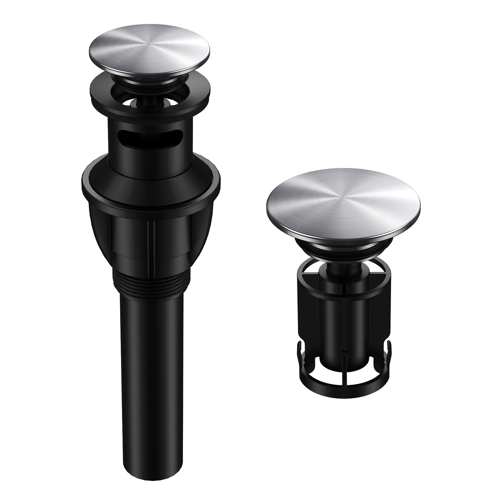Bathroom Sink Drain with Overflow, Hurran Universal Bathroom Sink Stopper for Bathroom Vanity Vessel Sink, Rapid Draining Plastic Pop-up Sink Drain with Hair Catcher Anti-Clog Strainer, Brushed Nickel