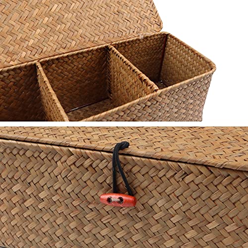 FEILANDUO Seagrass Storage Basket with Lid Hand Woven Wicker Shelf Baskets Rectangular Small Storage Box for Desktop Organizing (Natural 3 Sections with Lid)